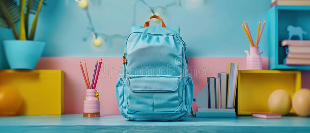 Back To School. Blue Backpack with Pencils and Stock Image - Image of ...