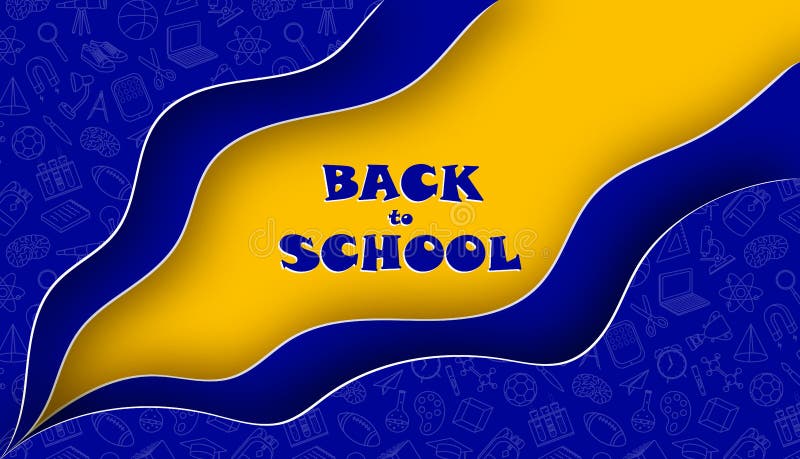 Blue Wavy Paper Forms on Yellow Background with School Elements. Stock ...