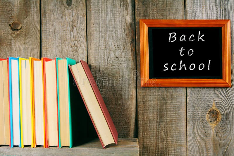 Back To School. Books on Wooden Shelf and Frame. Stock Photo - Image of ...