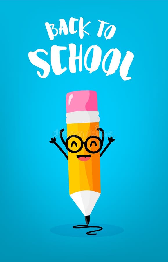 Back To School Card with Cute Cartoon Pencil in Glasses. Vector Stock ...