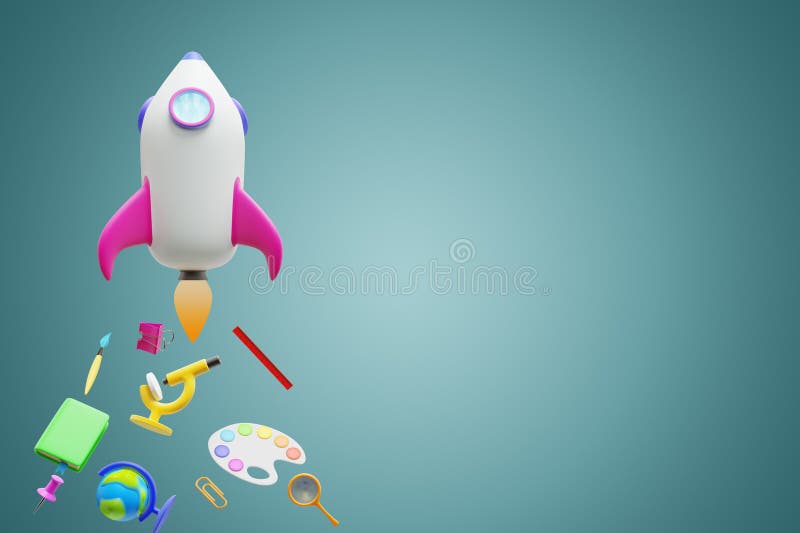 Back To School. Cartoon Rocket Flies Up with Educational Elements Stock ...