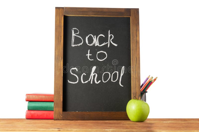 Back To School. Chalk Board, Books, Colored Pencils Apple Stock Image ...
