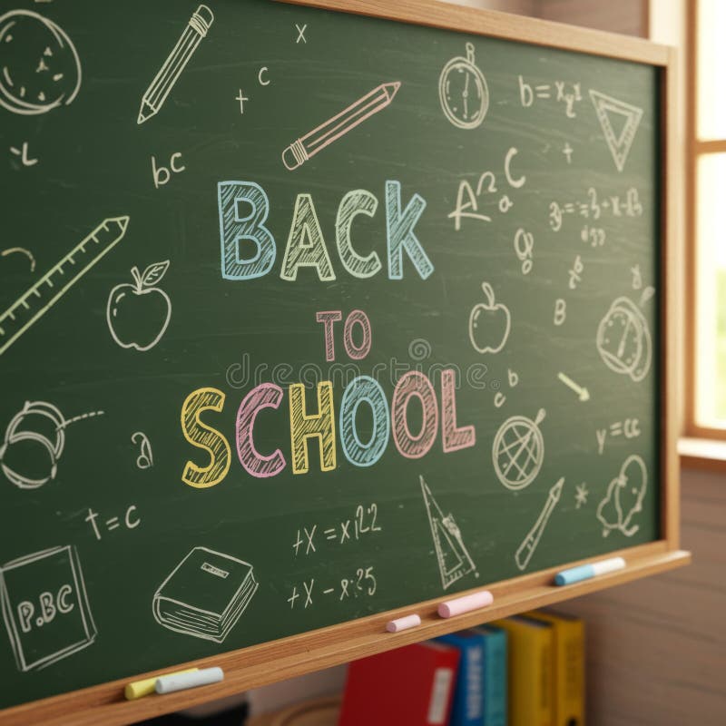 Back To School Chalkboard Illustration with Colorful Drawings Stock ...