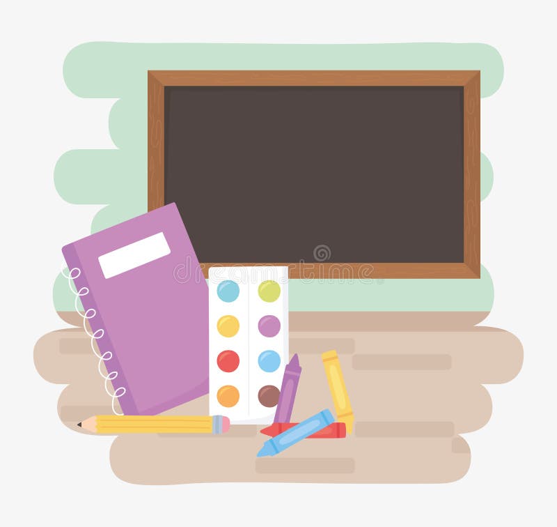Back To School, Chalkboard Notebook and Crayons Education Cartoon Stock ...