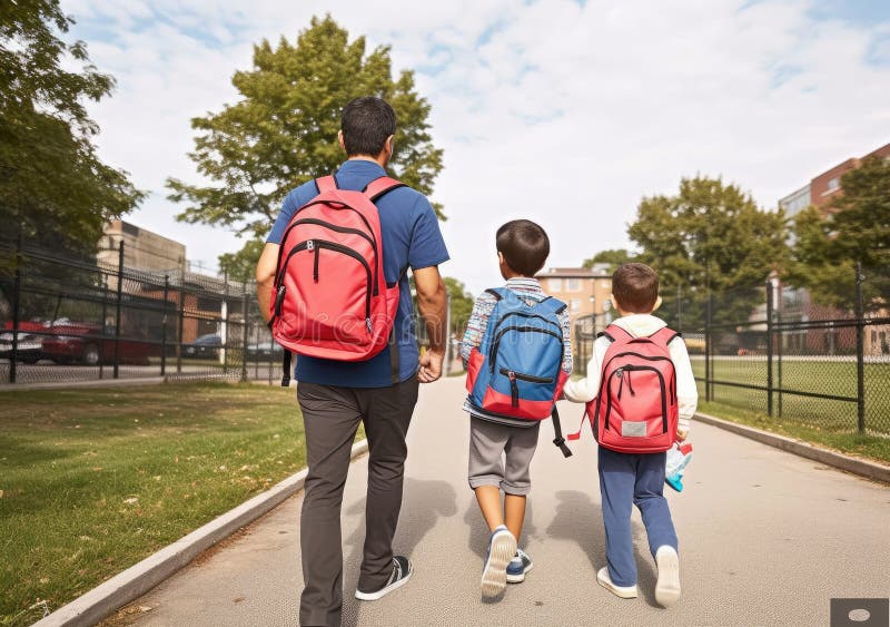 Back To School Children with Backpack and Father Father and Daughter ...