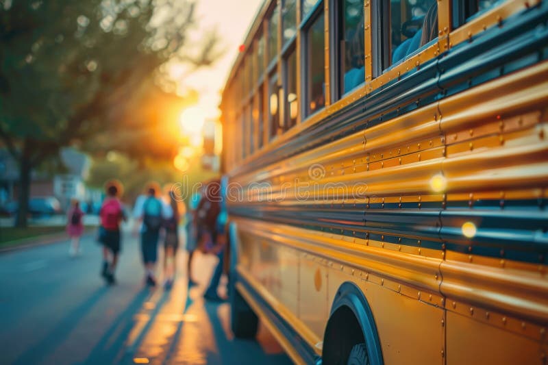 Back To School: Children Step Onto the School Bus. Generative AI Stock ...