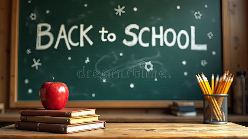 Back To School Classroom Setup with Books and Apple. Stock Illustration ...