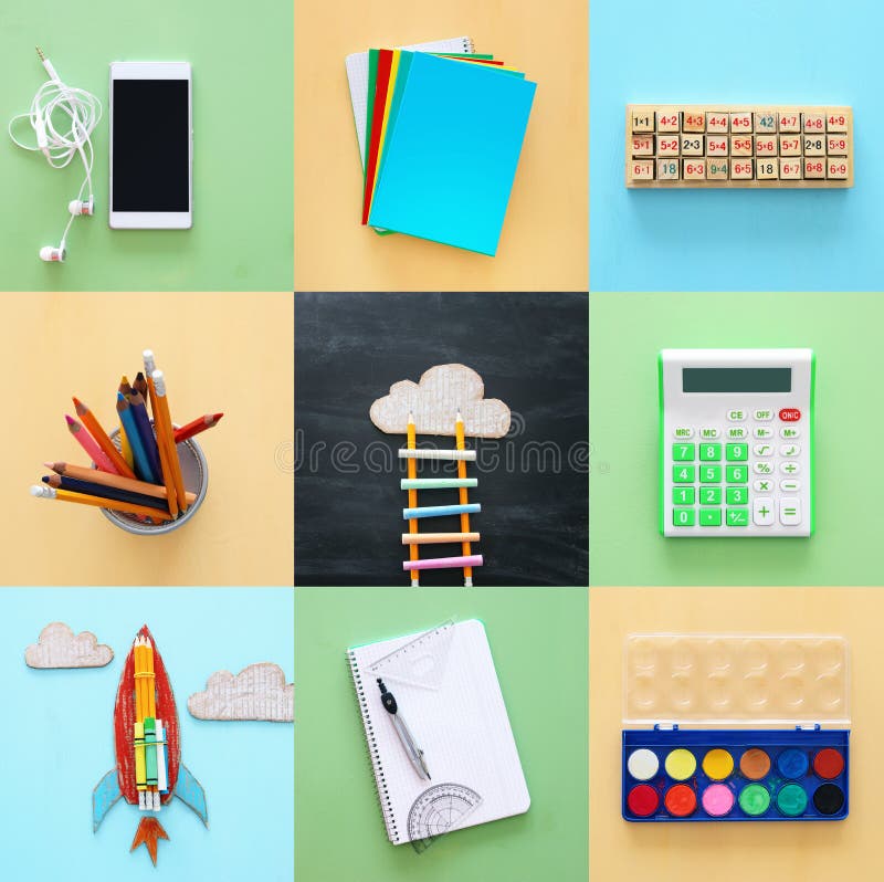 Back To School Collage Concept. School Objects and Supply with C Stock ...