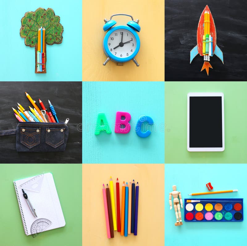 Back To School Collage Concept. School Objects and Supply with ...