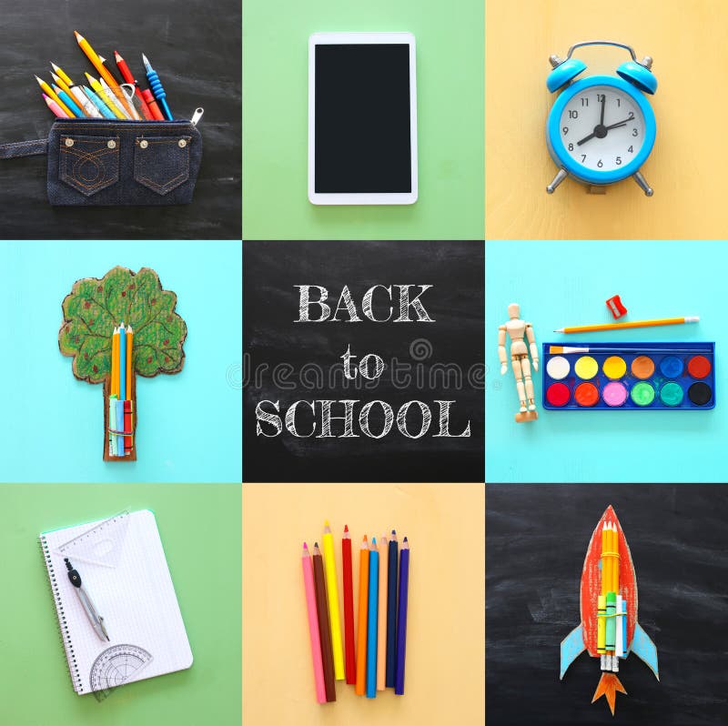 Back To School Collage Concept. School Objects and Supply with ...