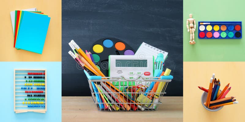 Back To School Collage Concept. School Objects and Supply with ...