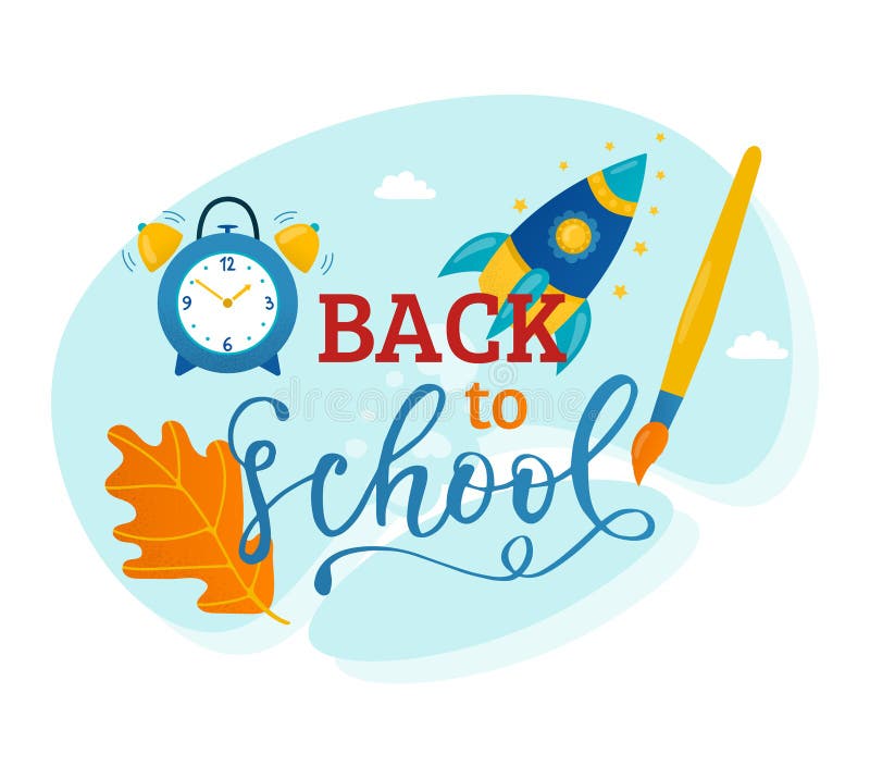 Back To School Concept with Alarm Clock, Pencil, Rocket, and Autumn ...