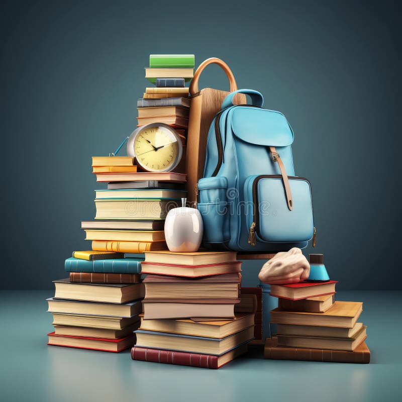 Back To School Concept. School Bag with Book, Clock Stock Illustration ...