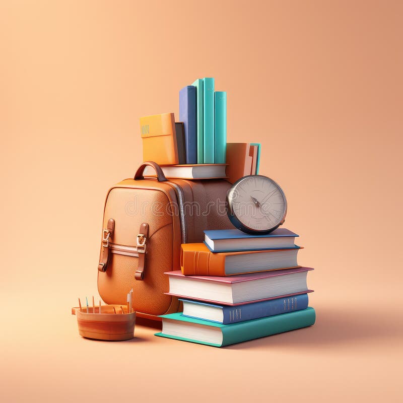 Back To School Concept. School Bag with Book, Clock Stock Illustration ...