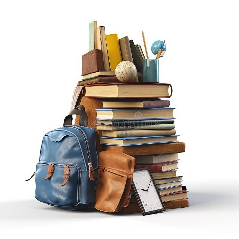 Back To School Concept. School Bag with Book, Clock Stock Illustration ...