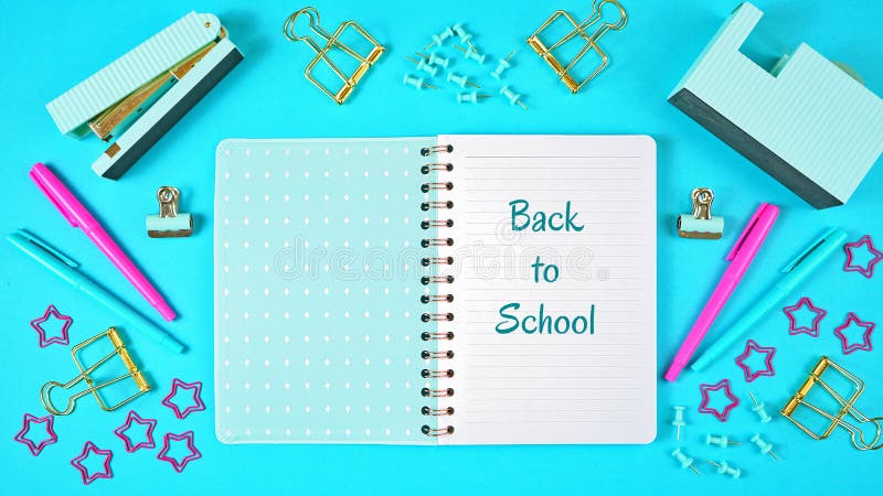 Back To School Concept Blue Theme Notebook with Stationery. Stock Image ...