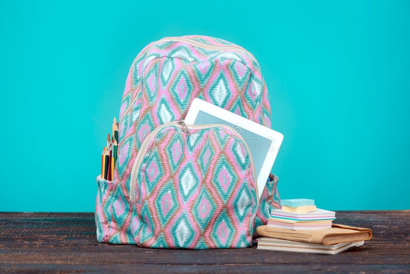 Back To School Concept. Books, Colored Pencils and Backpack Stock Photo ...