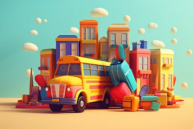 Back To School Concept with School Bus and Some Related Object 3d Low ...
