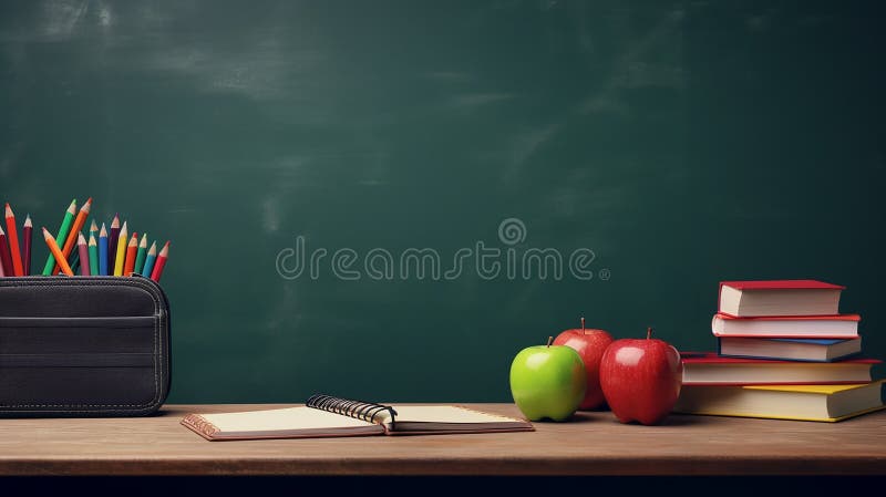Back To School Concept with Clear Blackboard Background, Desk, Items ...