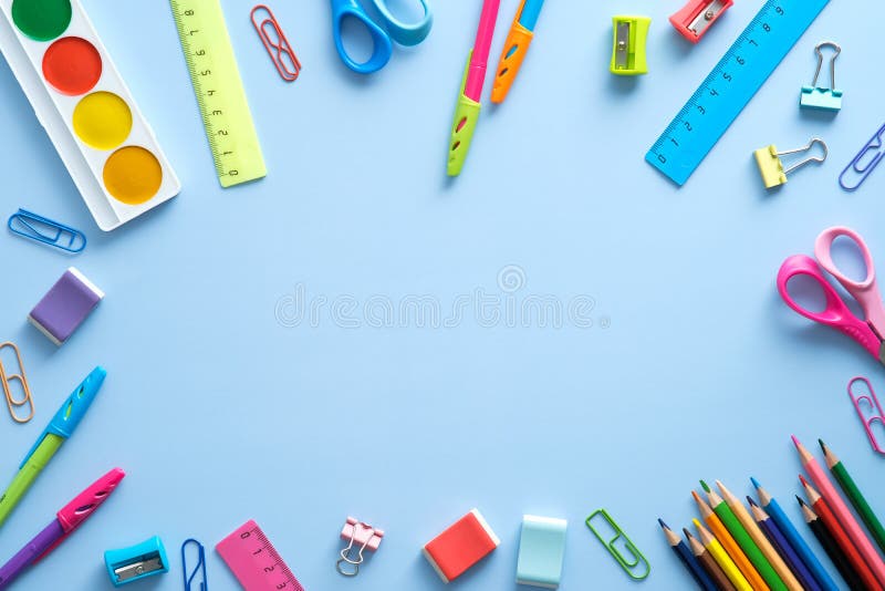 Back To School Concept. Flat Lay School Stationery Frame on a Blue ...