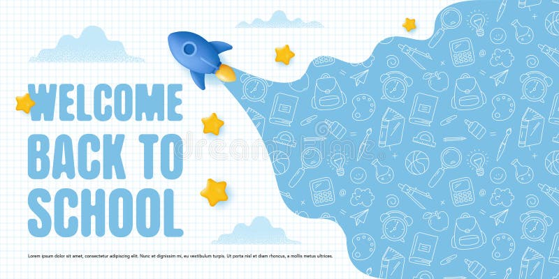 Back To School Concept Horizontal Banner with Doodle Background and ...