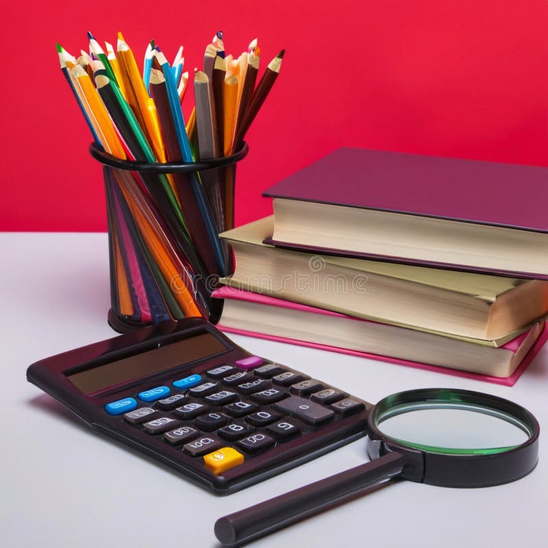 Back To School Concept Pencil Books and Calculator Set Stock ...