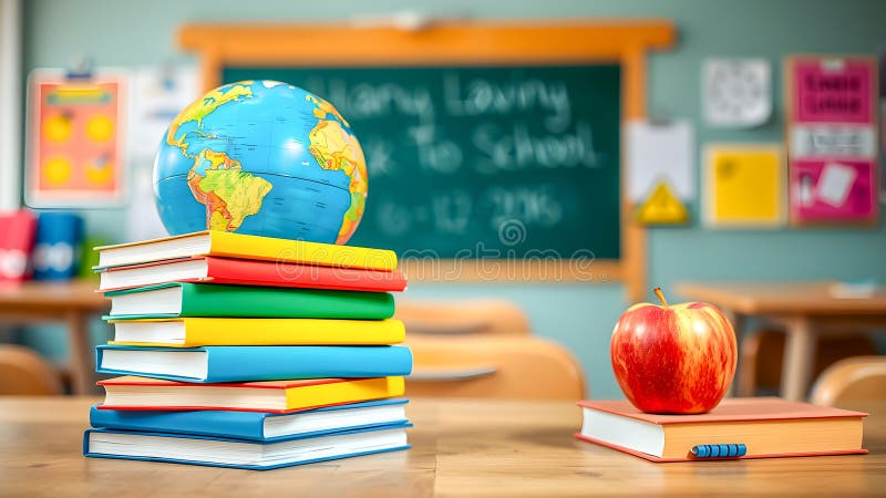 Back To School Concept. Stack of Books, Globe and Apple on Desk in ...