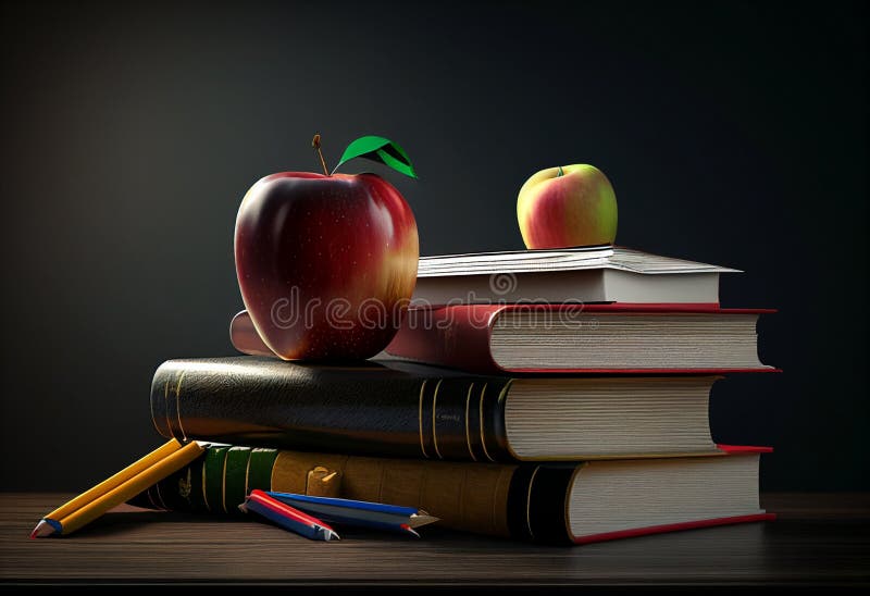 Back To School Concept. Stack of Books, Pencils, Apple and Rocket Stock ...