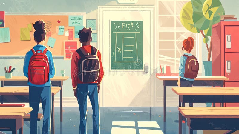 Back To School Concept. Students with Schoolbag Standing in the School ...