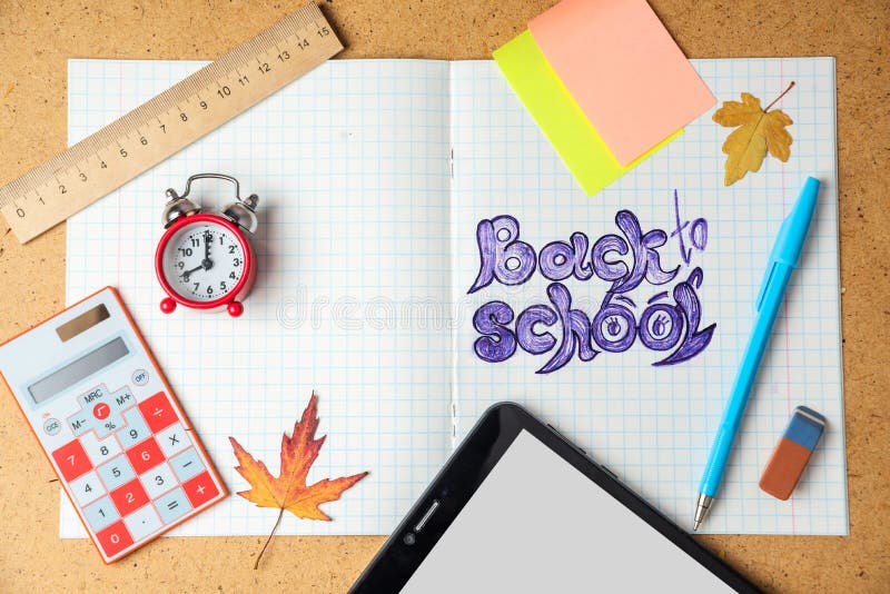 Back To School Concept. School Supplies on an Open Notebook Stock Image ...