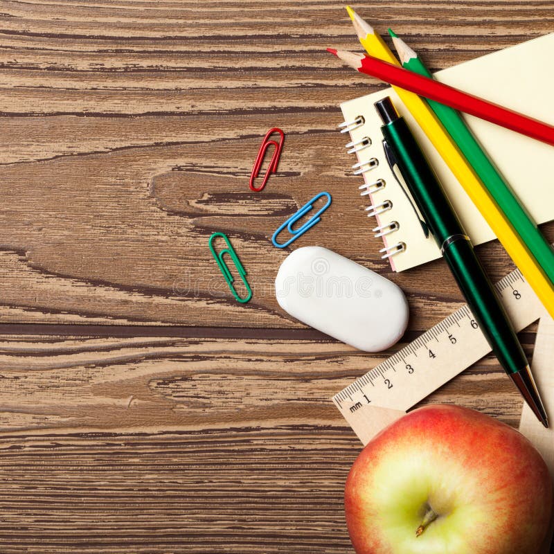 Back To School Concept on Wooden Table. Set of Objects Stock Photo ...