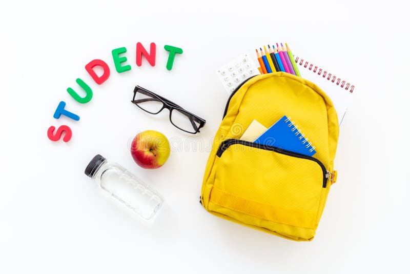 Back To School Concept. Yellow School Backpack with Supplies Water and ...
