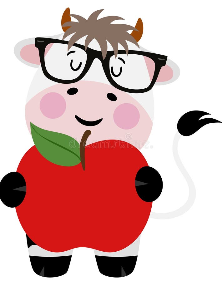 Back To School Cow Holding an Apple Stock Illustration - Illustration ...