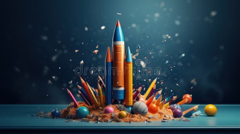 Back To School Creative Banner. Rocket Ship Launch Made with Pencils ...