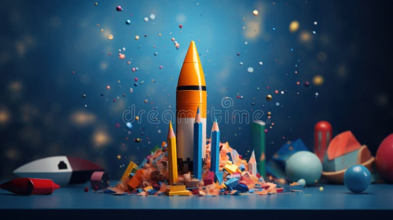 Back To School Creative Banner. Rocket Ship Launch Made with Pencils ...