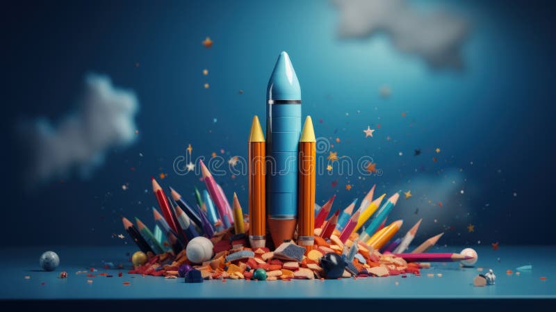 Back To School Creative Banner. Rocket Ship Launch Made with Pencils ...