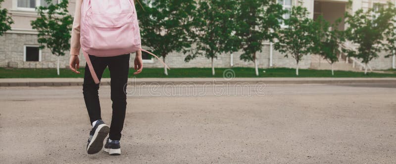 Back To School. Cute Child Girl with Backpack Going To School Stock ...