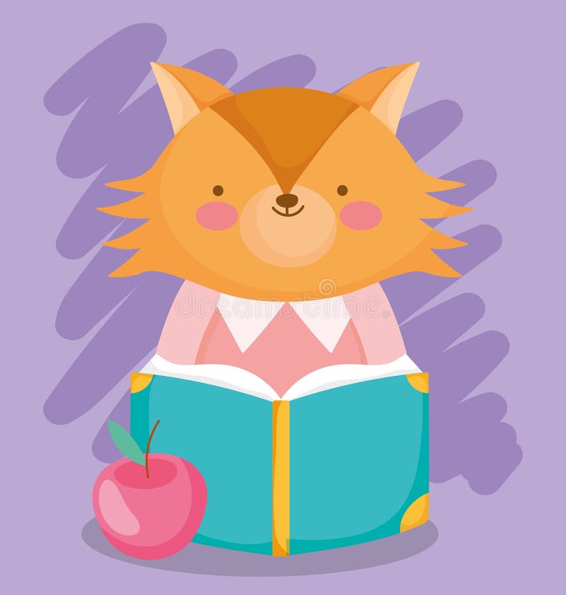 Back To School, Cute Fox Reading Book with Apple Cartoon Stock Vector ...