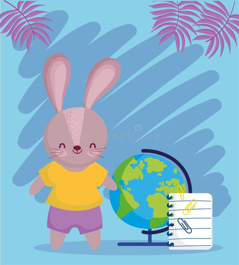 Back To School, Cute Rabbit with Globe Map and Notepad Stock Vector ...
