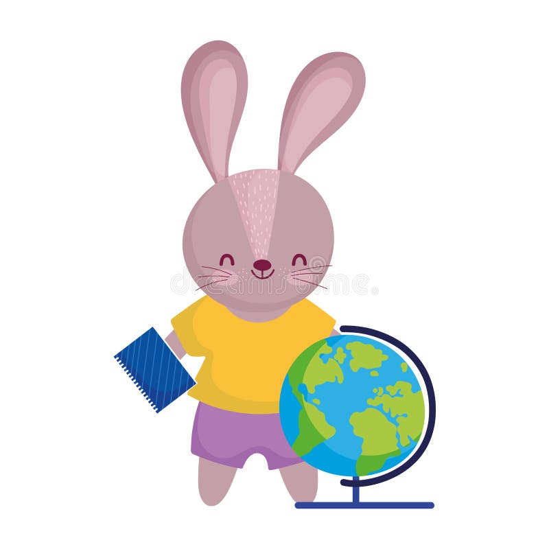 Back To School, Cute Rabbit with Globe Map and Notepad Stock Vector ...