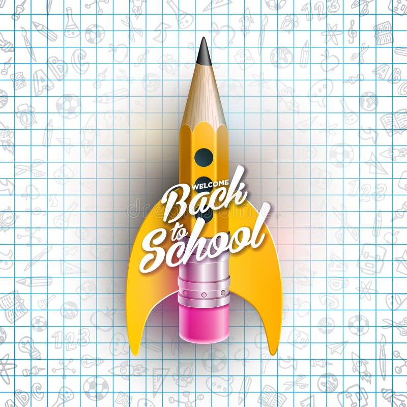 Back To School Design with Flying Rocket Pencil and Typography ...