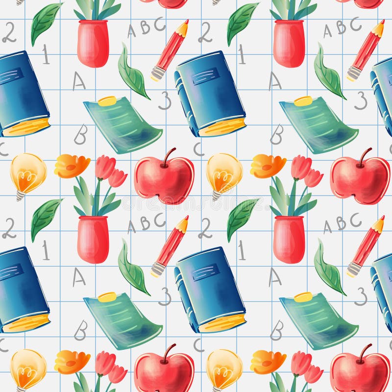 Back To School Doodle Seamless Pattern on Checkered Paper. Hand Drawn ...