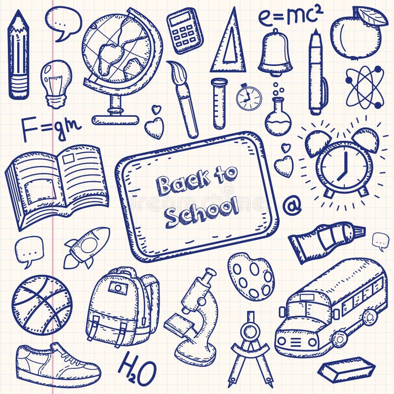 Back To School Doodle Set. Hand Draw School Items on a Sheet of ...