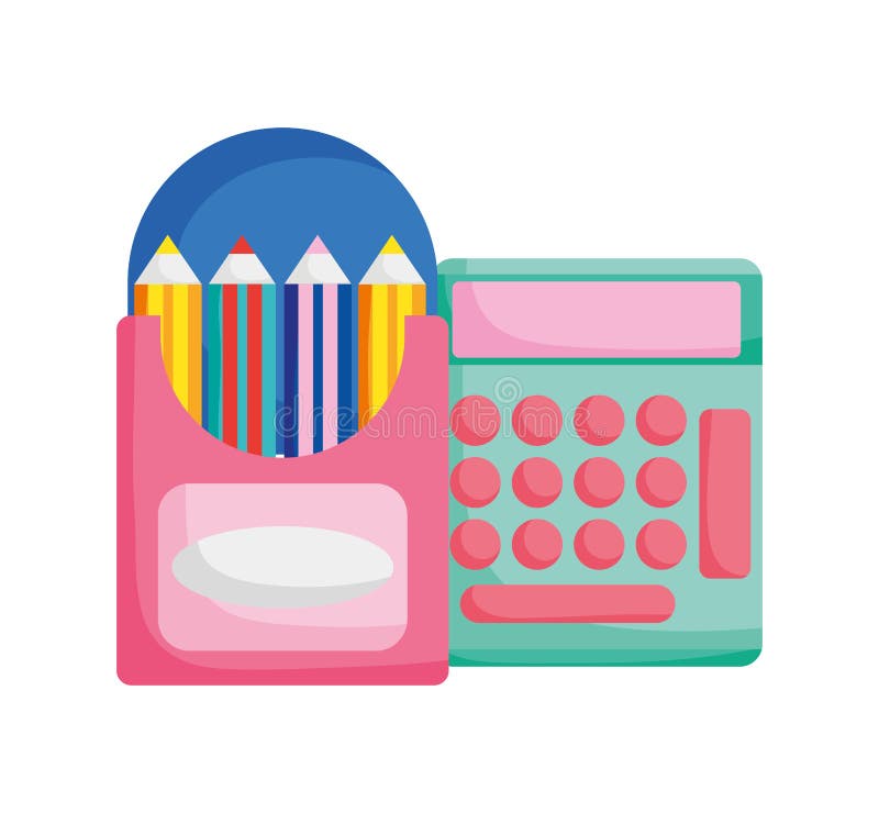 Back To School Education Calculator and Colored Pencils in Box Stock ...