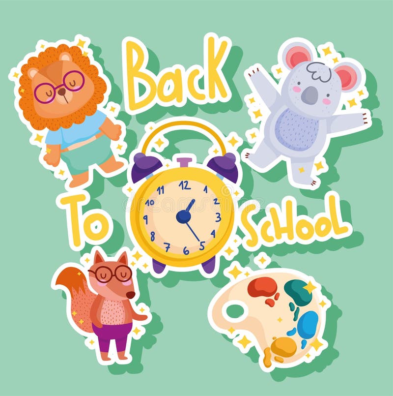 Back To School, Education Cute Animals and Clock Cartoon Stock Vector ...