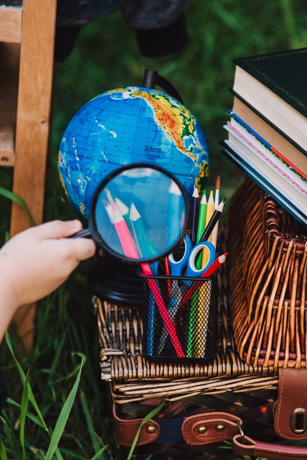 Back To School - School Equipment and Books on the Basket. Soft Focus ...