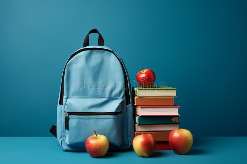 Back To School Essentials: Blue Backpack, Books, and Apples. Generative ...