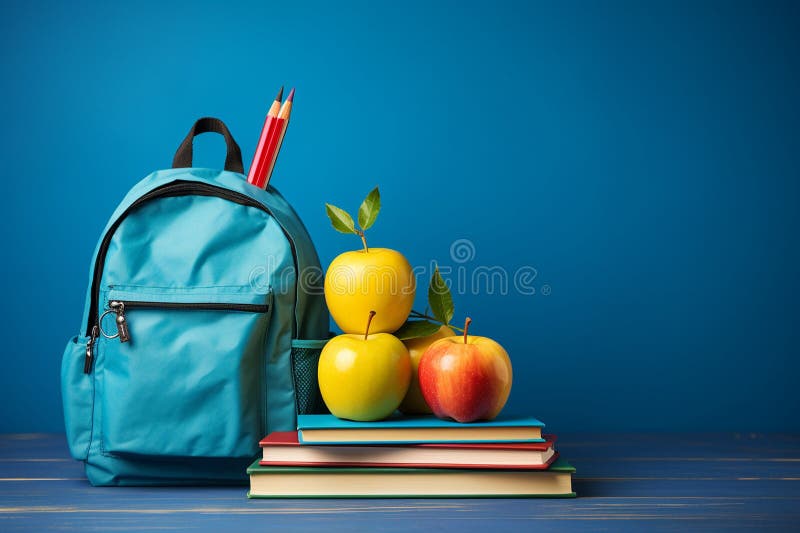 Back To School Essentials: Blue Backpack, Books, and Apples. Generative ...