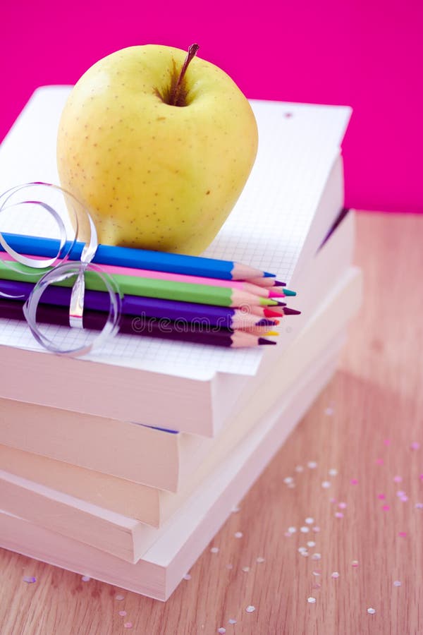 Back To School Essentials: Books, Pencils, Snack Stock Photo - Image of ...