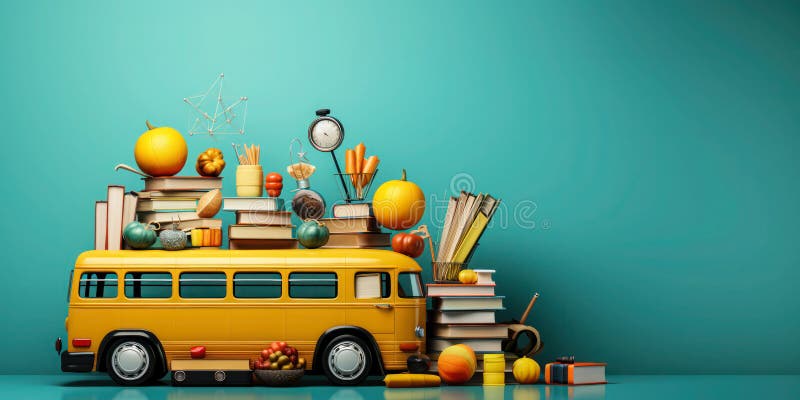 Back To School Essentials School Bus Books and Accessories on Turquoise ...